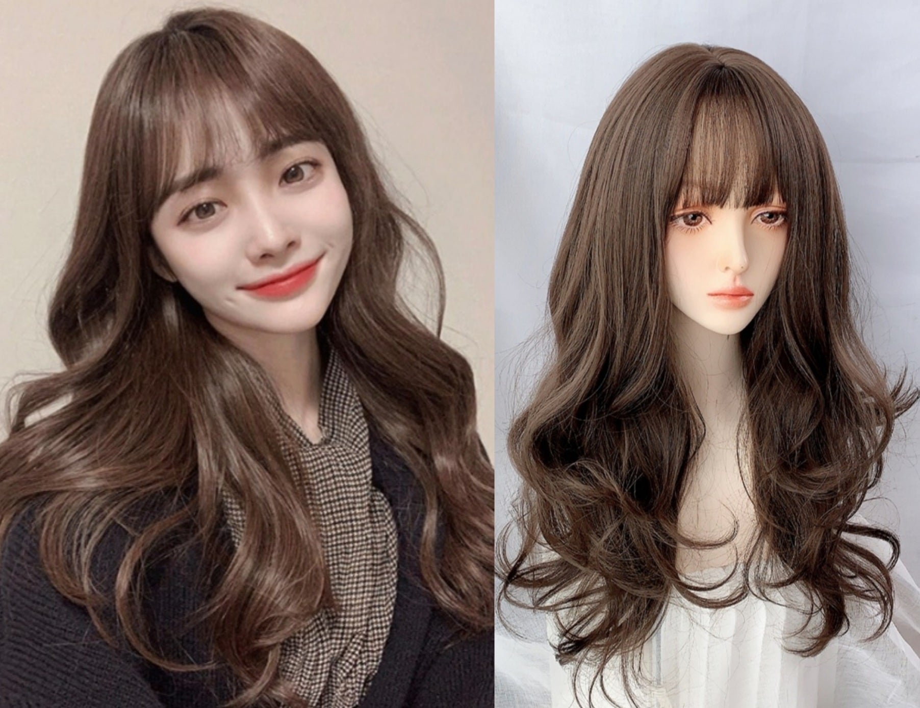 INSTOCK ★COLD BROWN★ Korean Wavy Curly Airy Bangs Long Hair Wig [Adjus ...