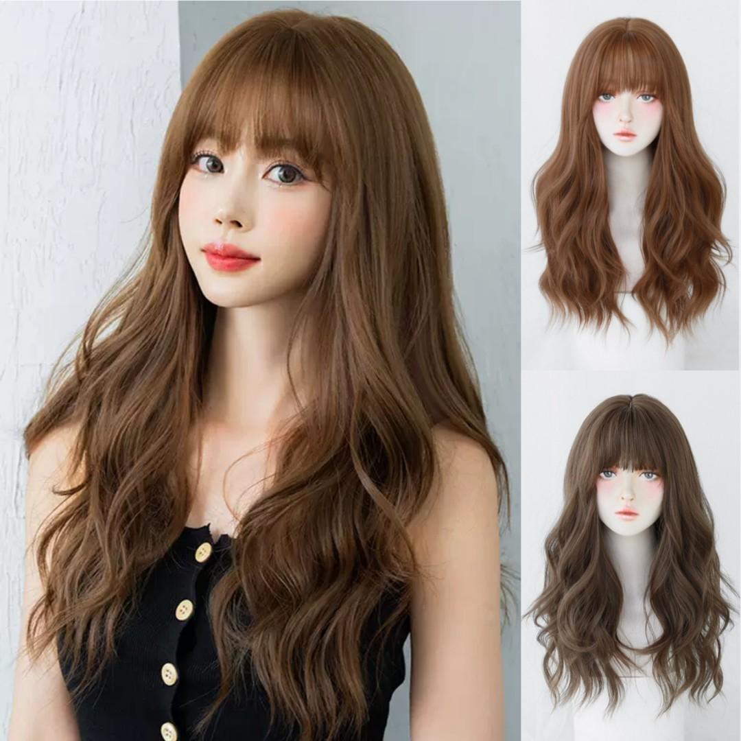 INSTOCK ★2 COLORS★ Korean Airy Bangs Natural Long Curly Wavy Hair Wig ...